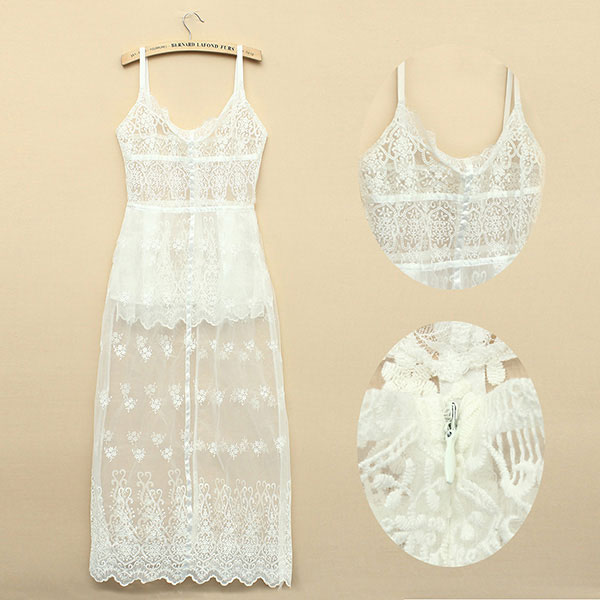 Europe And Hook Flower Embroidery Perspective Sexy V-neck Lace Dress ...
